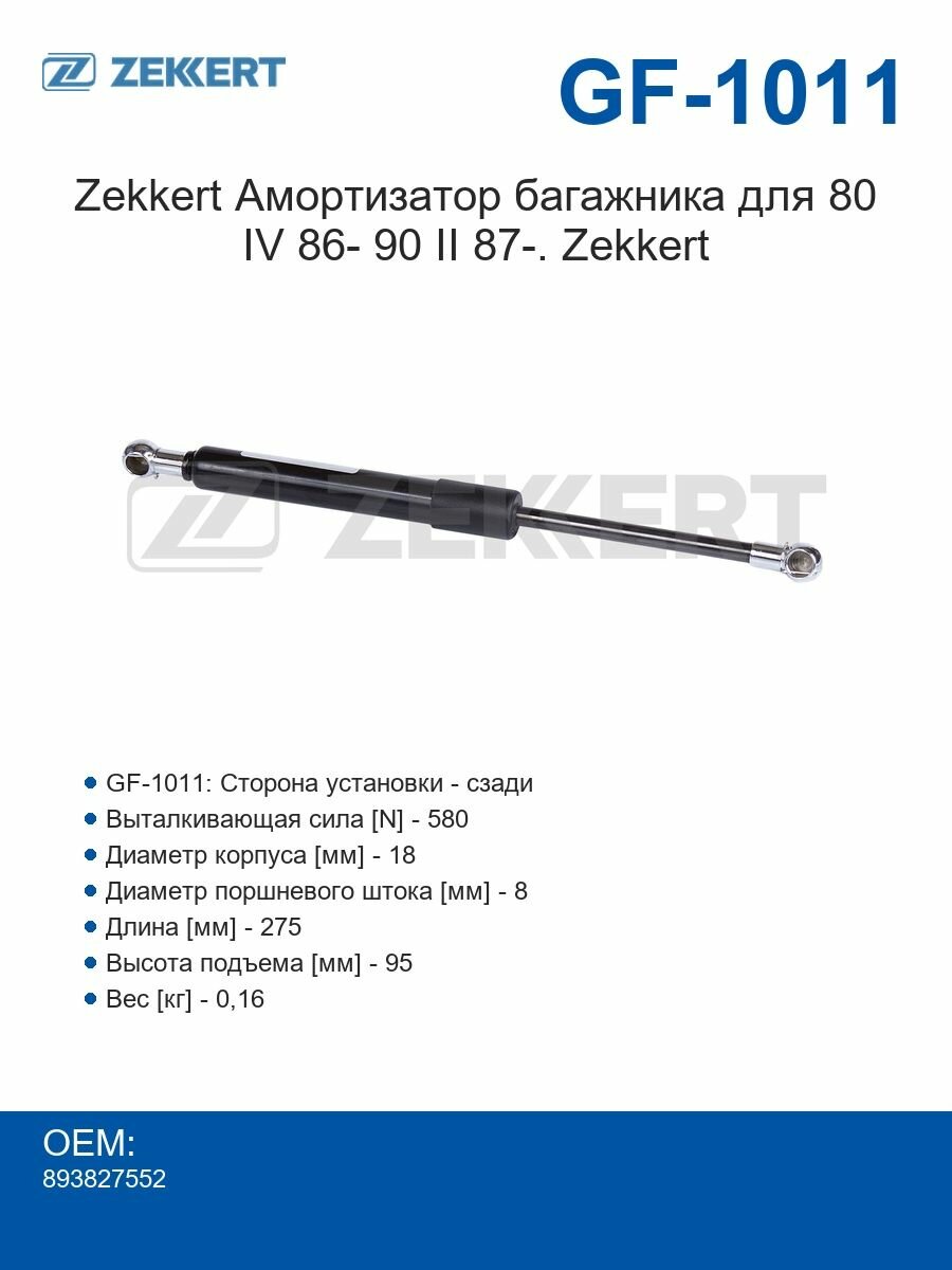 Zekkert Амортизатор багажника для 80 IV 86- 90 II 87-. Zekkert