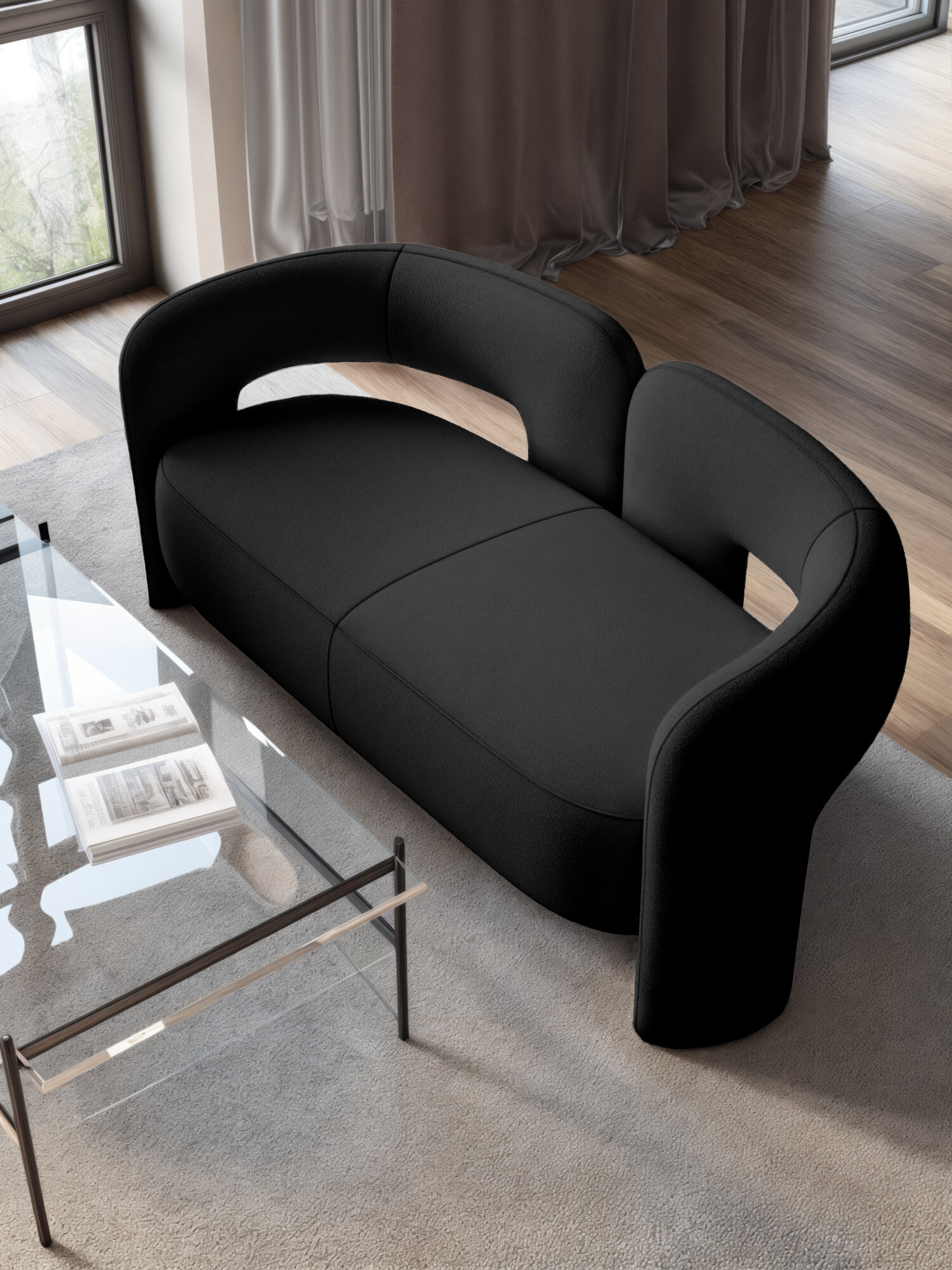 Диван дизайнерский AZZURRO, букле черный BRAVO BLACK 182 см. прямой