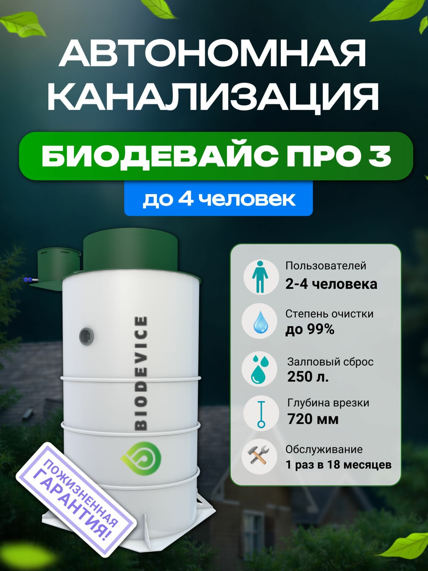 Септик биодевайс про 3 для дома и дачи, автономная канализация до 2-4 человек, залповый сброс 250 л.