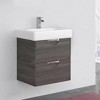 Тумба с раковиной AQUATON Сильва 60 подвесная, 60 см, темное дерево, матовая, из МДФ, с ящиками, раковина для ванной фарфоровая, прямоугольная, встроенный слив-перелив, лофт