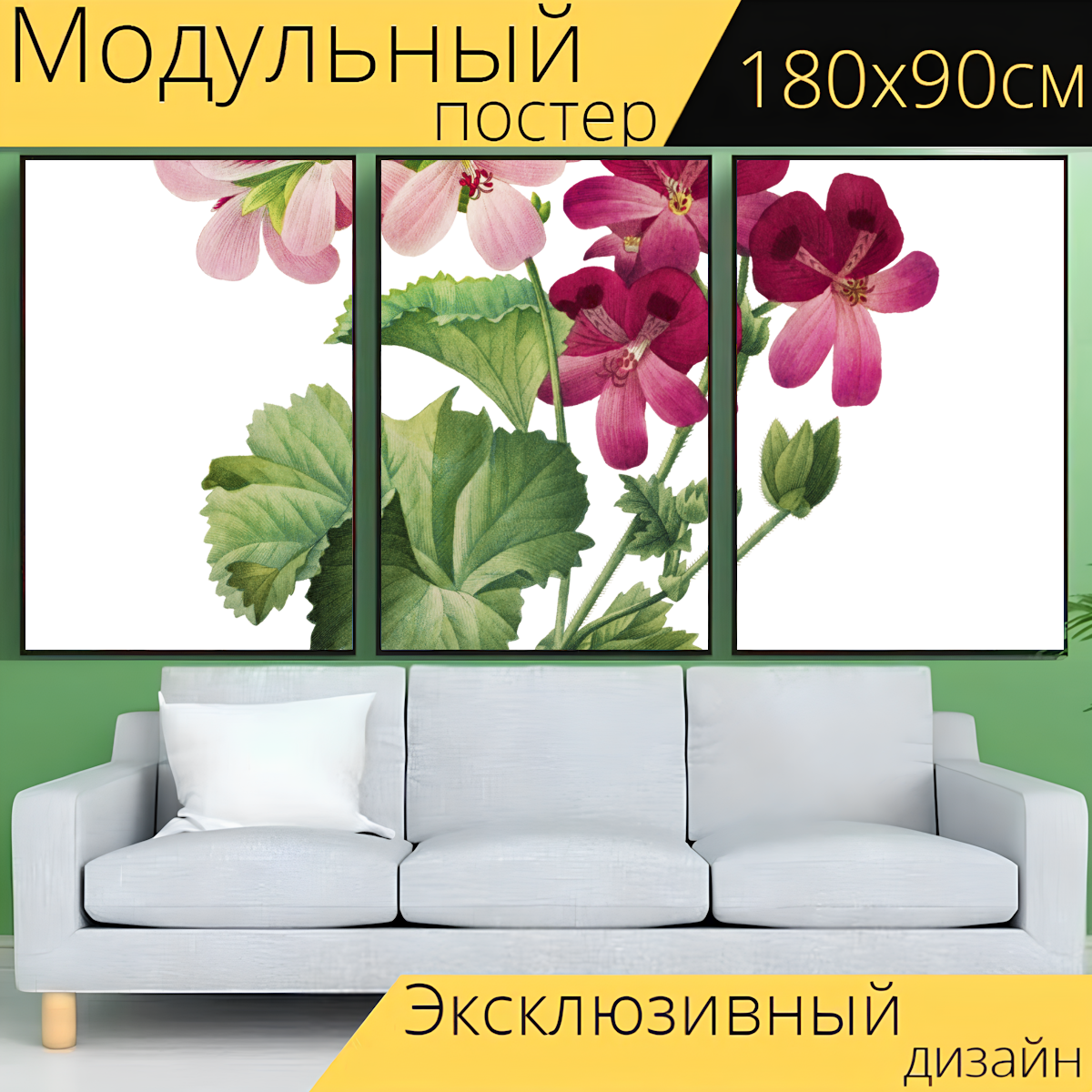 Модульный постер "Цветочная герань винтажное искусство Цветок герань с розовыми красными лепестками винтаж клипарт с прозрачным фоном." 180 x 90 см. для интерьера на стену в тубусе