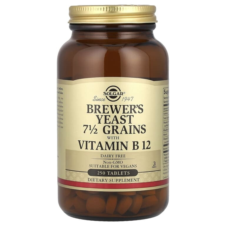 Solgar Brewer's Yeast 7 1/2 Grains with Vitamin B12, Пивные дрожжи 7 1/2 в таблетках с витамином В-12 250 таблеток