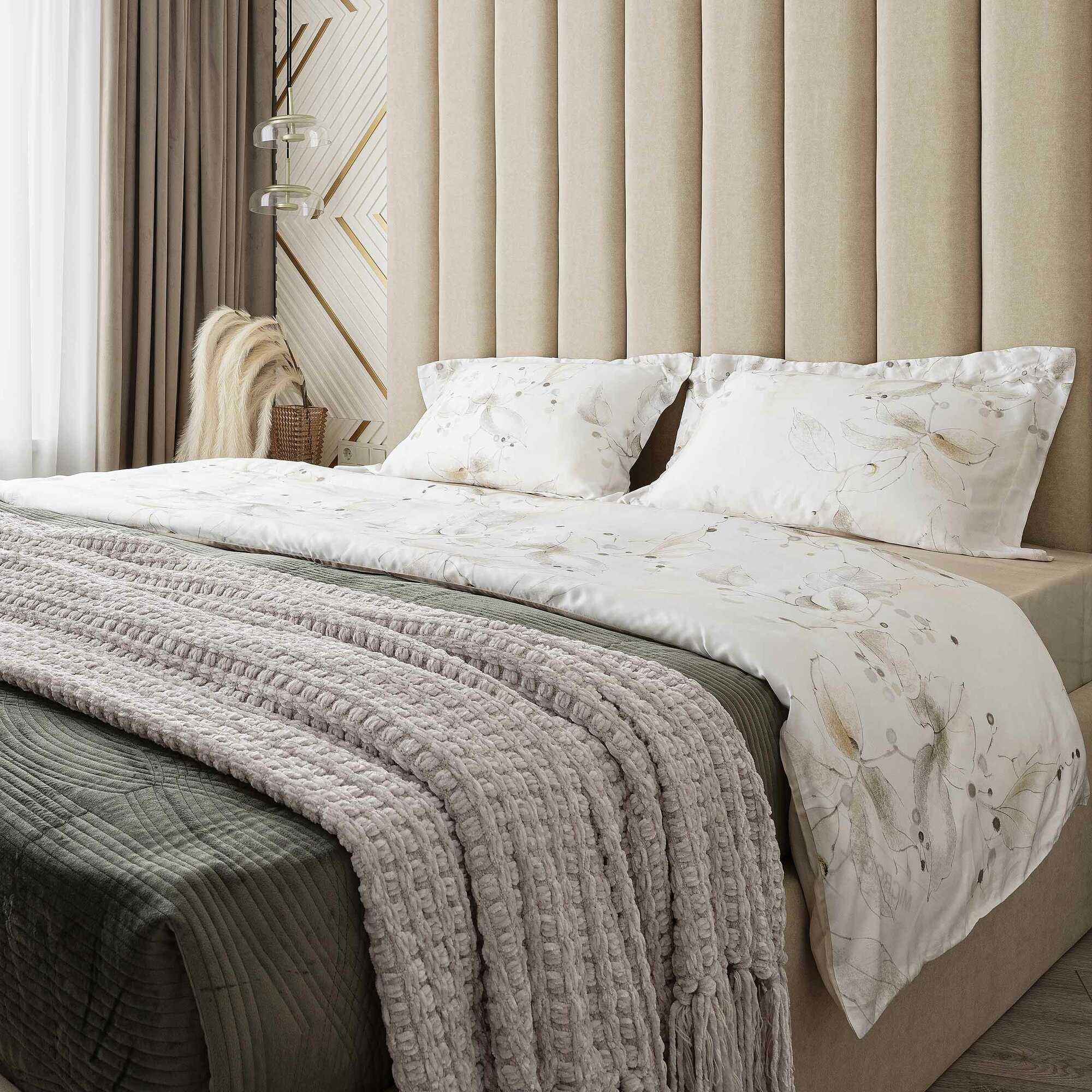 КПБ евро, тенсель 300 ТС, молочный, Цветы с ягодами, Tencel, Kuchenland