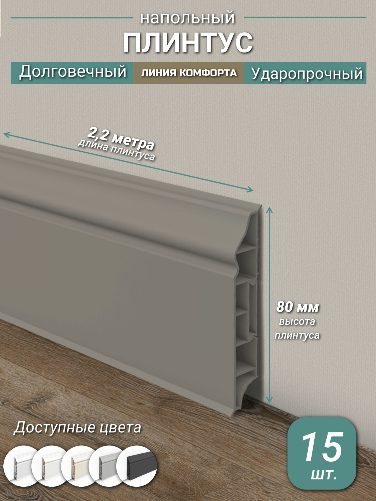 Плинтус Ideal, ПВХ, матовый, влагостойкий, ударопрочный, с кабель-каналом, 2,2 м, фигурный, Платиново-серый - 15 шт.