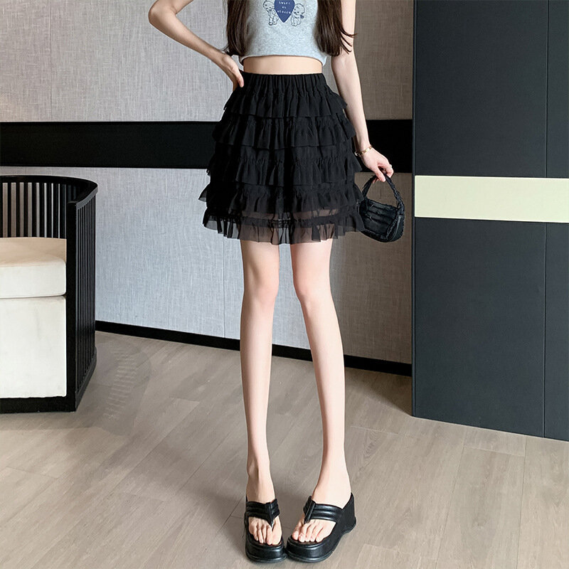Эластичная талия, французская пышная юбка, многослойная юбка-кейк, А-силуэт, полуюбка для женщин, новая летняя 2024, облегающая, высокая талия, короткая юбка