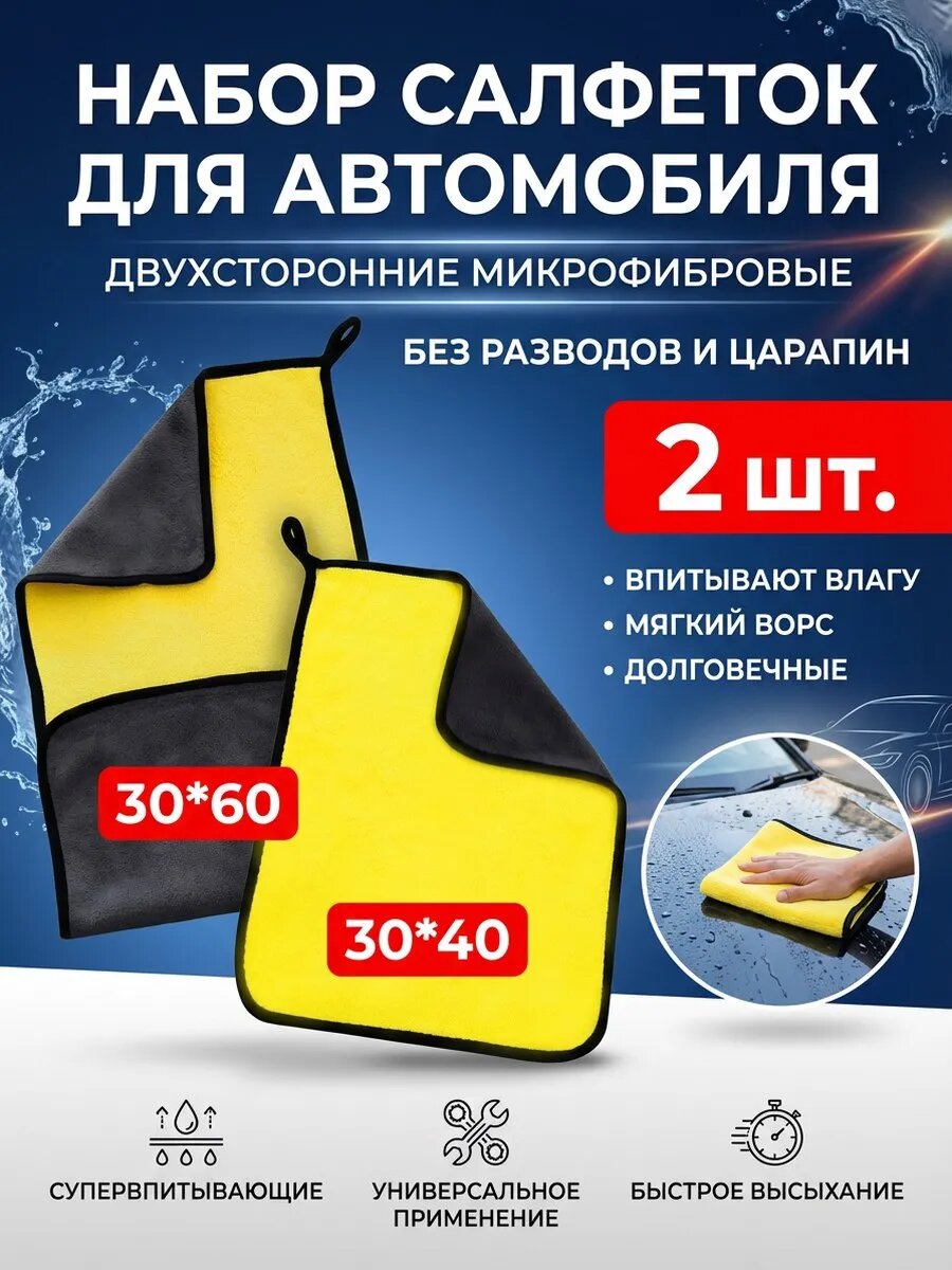 Тряпка микрофибра для авто и дома, комплект 2 шт, размер 30*40,30*60