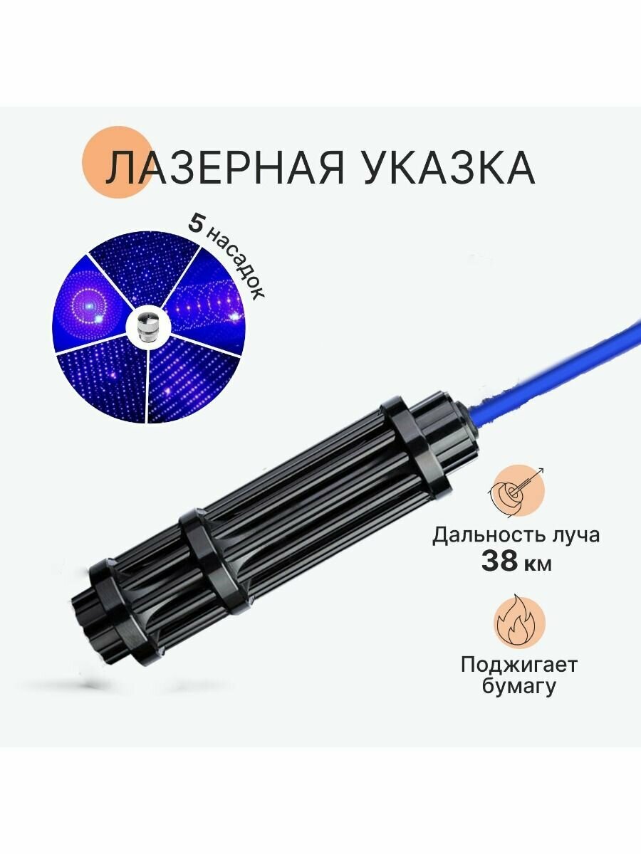 Лазерная указка мощная "Меч джедая" с насадками и синим лучом, SimpleShop/черное