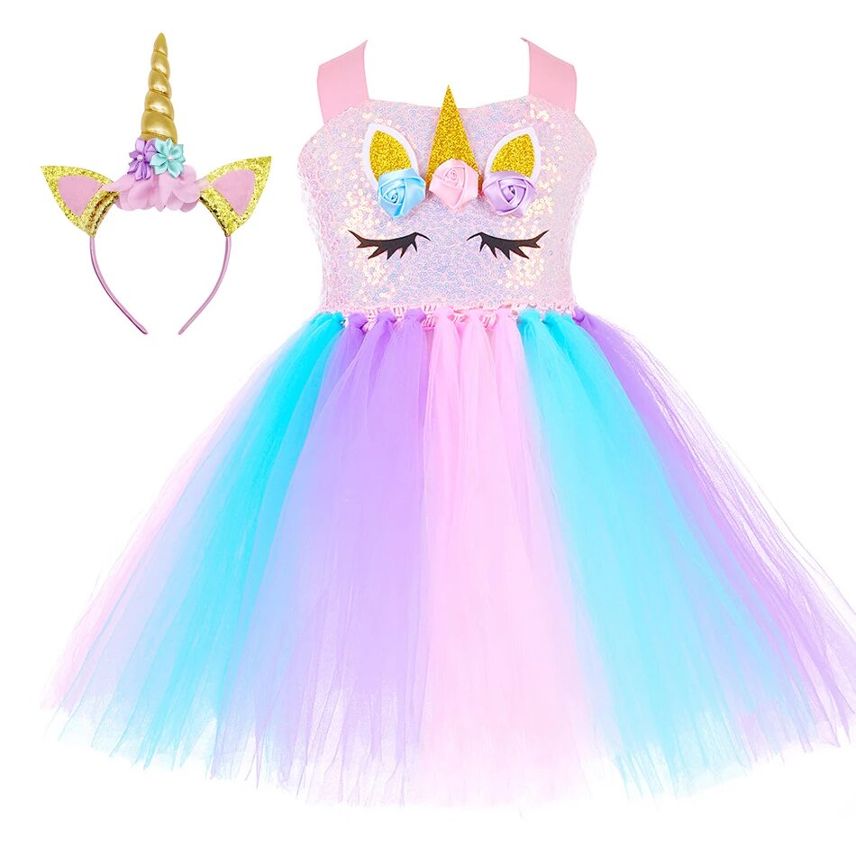 Платье принцессы с единорогом для девочек, блестящая детская мультяшная одежда со светодиодными светящимися крыльями, повязка на голову, костюм для сцены, Хэллоуина