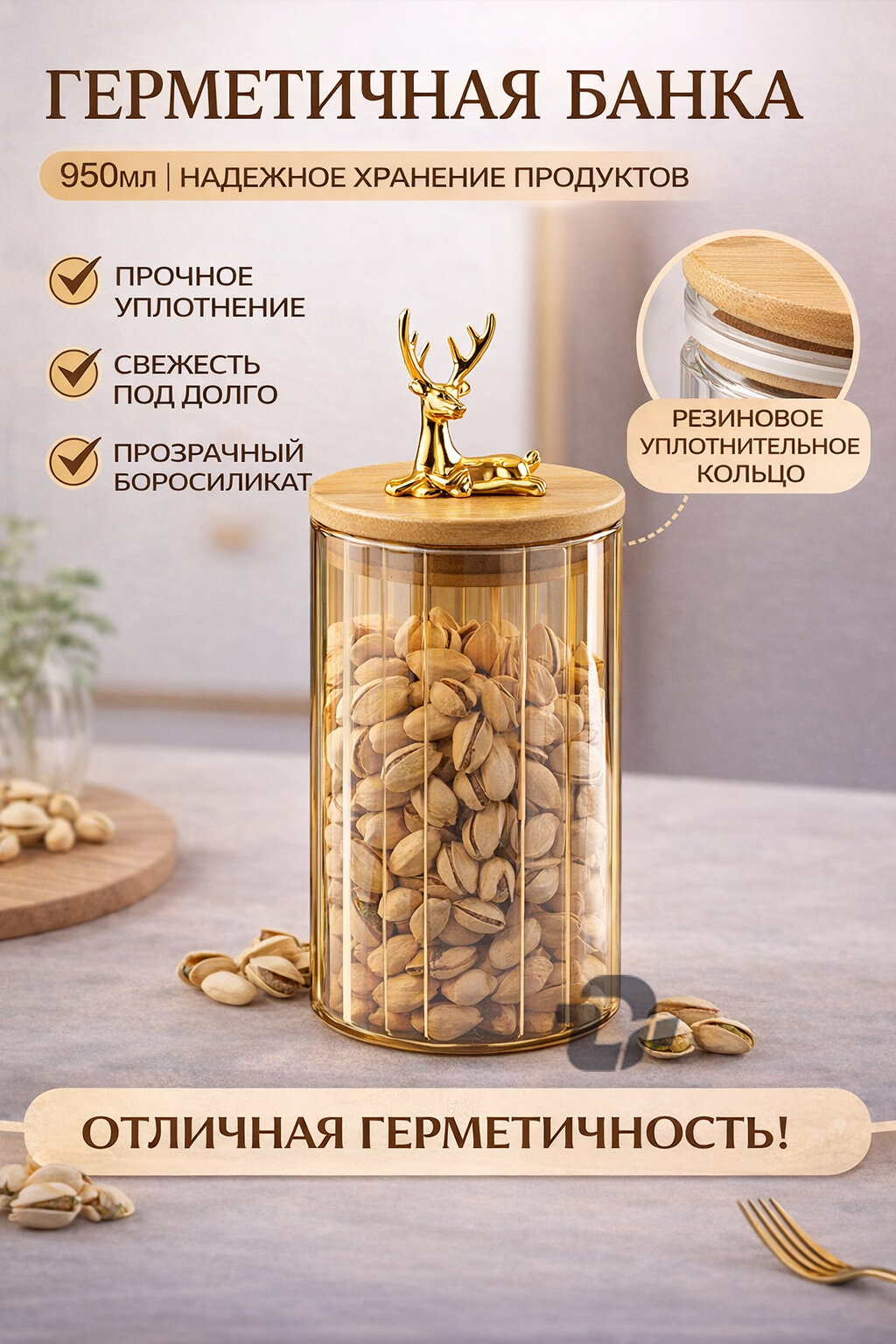 Стеклянная банка для сыпучих продуктов 950 мл с герметичной крышкой и фигуркой оленя хранения специй круп