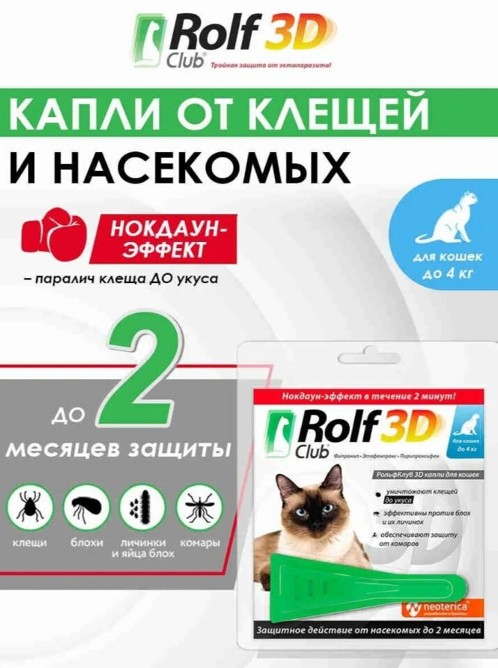 Капли для кошек Rolf Club 3D до 4кг от блох и клещей ,1 пипетка