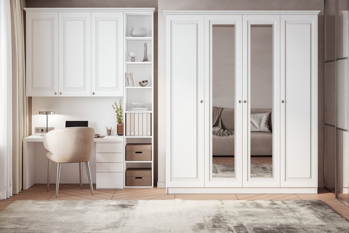 Шкаф распашной Миссури Классик-4.4 МДФ Белый для документов для книг для обуви для одежды для посуды с зеркалом четырехдверный 180*230*40