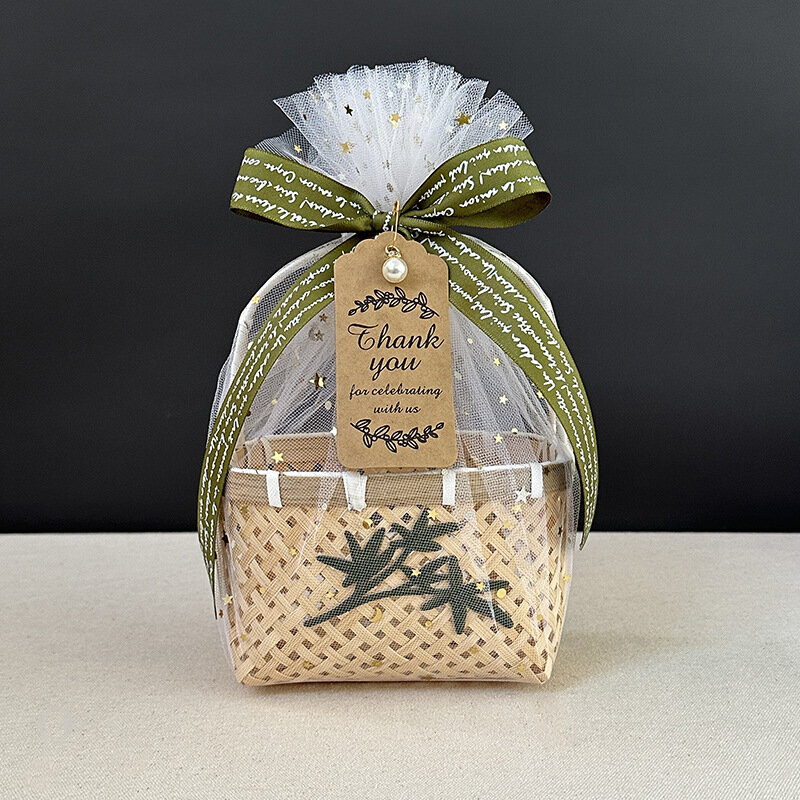 Корзина Zhu Yun из ротанга прямоугольной формы с звездной тканью и лентой для фруктов, ягод и закусок - подарочная