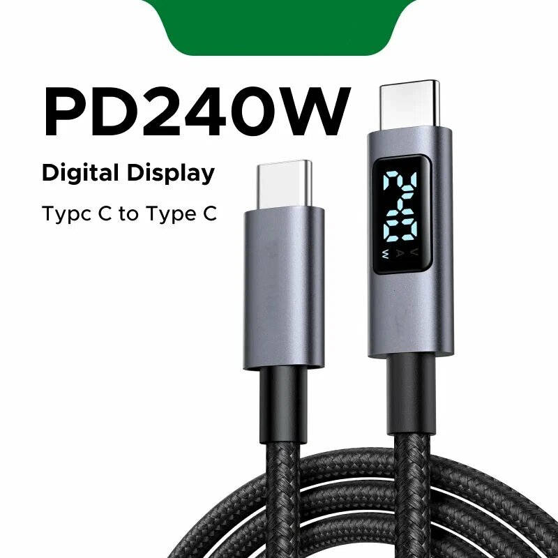 USB-C кабель 240 Вт с цифровым дисплеем PD3.1 Type-C шнур для ноутбука MacBook iPhone 17 Samsung S25 Xiaomi зарядное устройство быстрое 2м