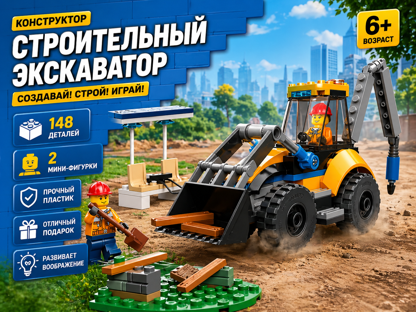 Конструктор Строительный экскаватор, набор, 2 мини-фигурки, 148 дет ( подарок для мальчиков и девочек / подарок ребенку)