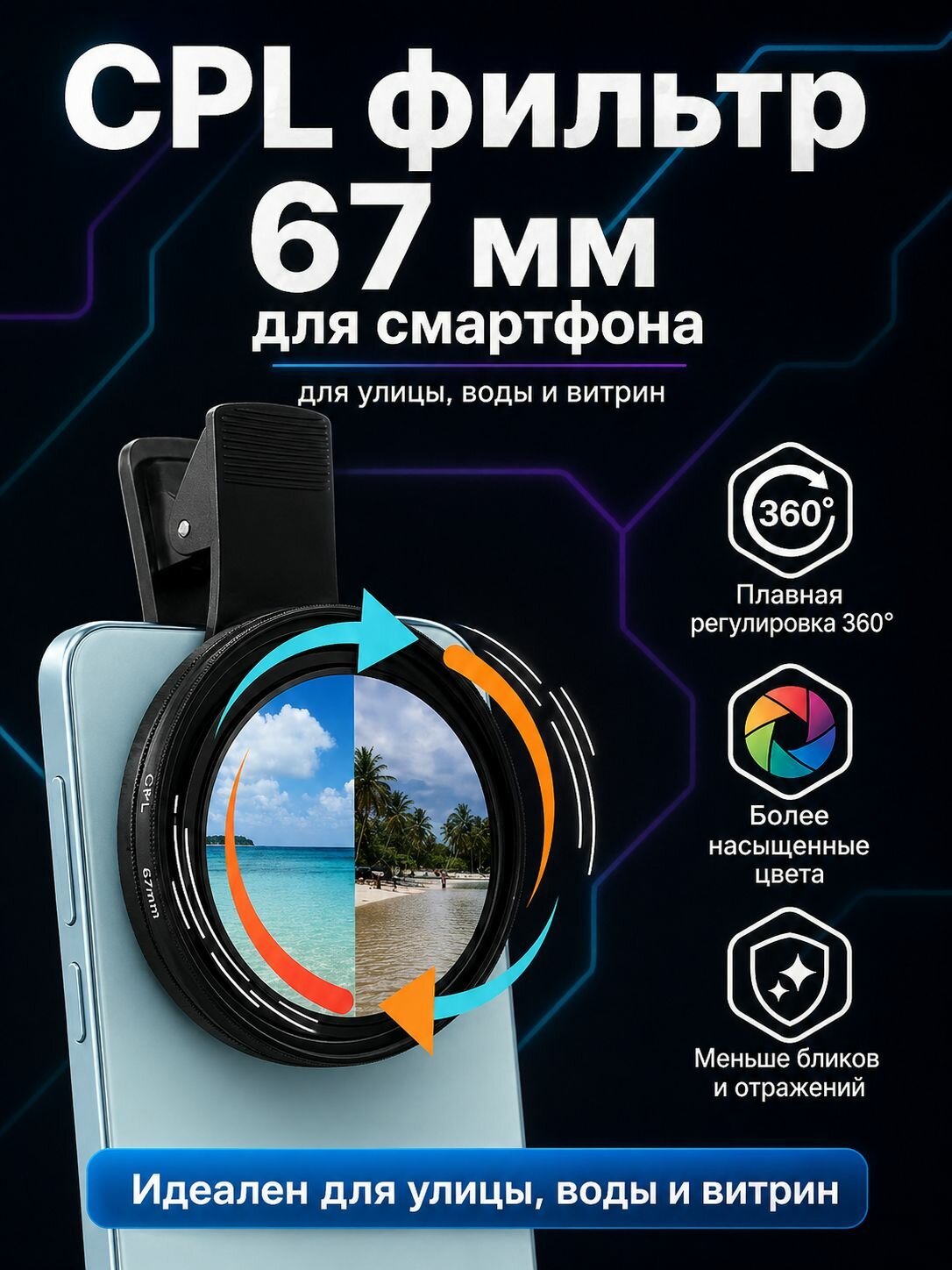 Поляризационный CPL фильтр 67 мм для смартфона и камеры, антибликовый для фото и видео