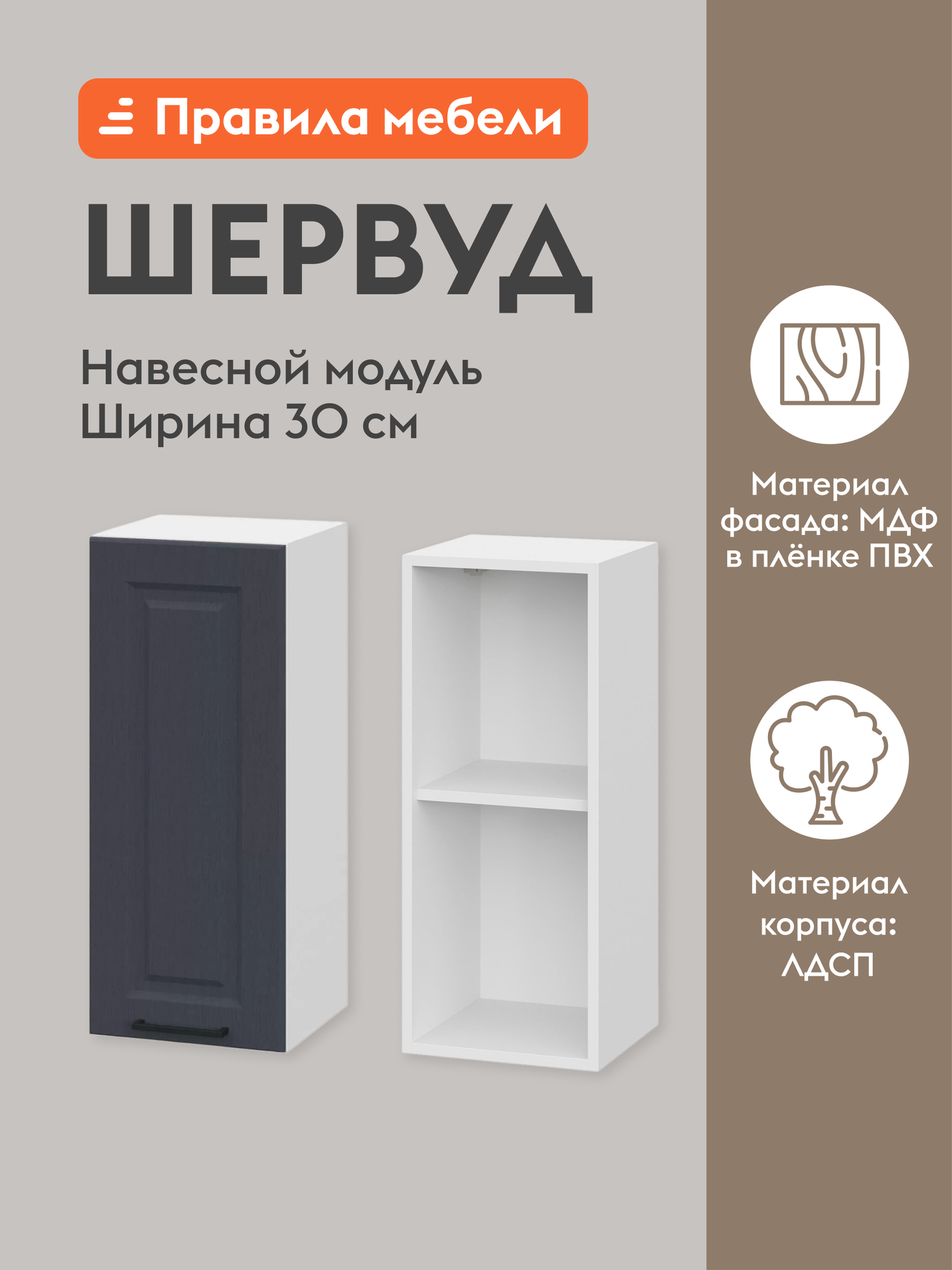 Кухонный модуль навесной, шкаф Шервуд с доводчиками, с полками, 30х29.6х72 см, Белый / Шато индиго