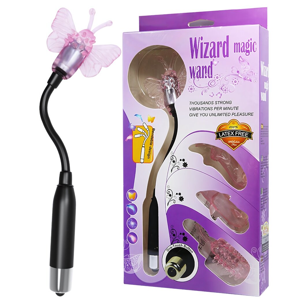 Вибростимулятор Baile "Wizard magic wand" с 4 насадками, TPR, 21см, черный/розовый