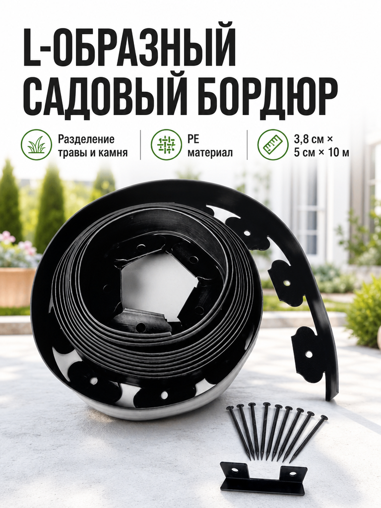 Садовый бордюр (разделительная лента для газонов и дорожек), материал ПЭ, высота 6 см, длина рулона 10 метров