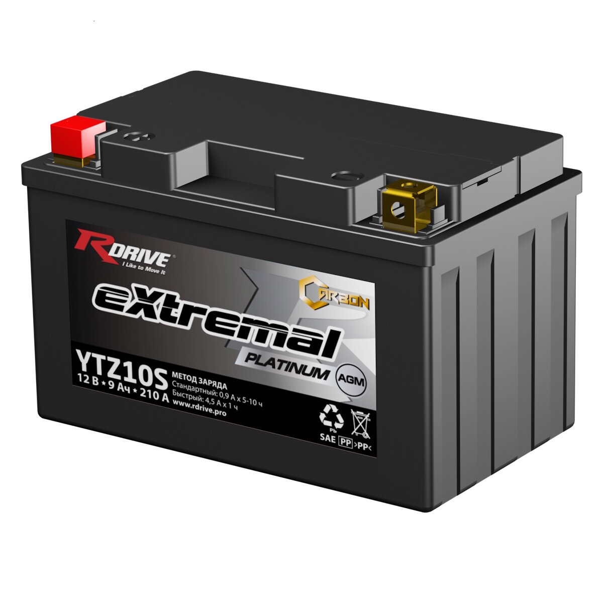 Мото аккумулятор RDRIVE PLATINUM YTZ10S (12В 9Ач 210А 150х87х93мм) прям. пол.