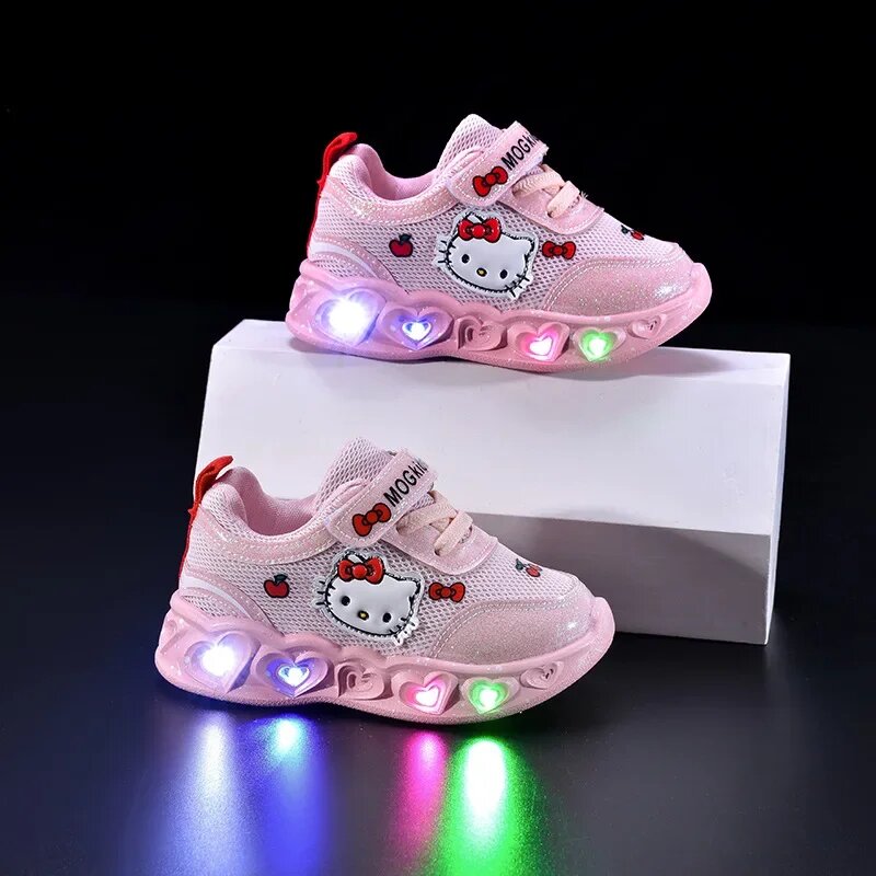 MINISO Детские повседневные туфли Hello Kitty со светодиодной подсветкой, из искусственной кожи с мультяшным рисунком, модные спортивные балетки, дышащие, белые и розовые, размеры 21-30, Размер обуви: 21