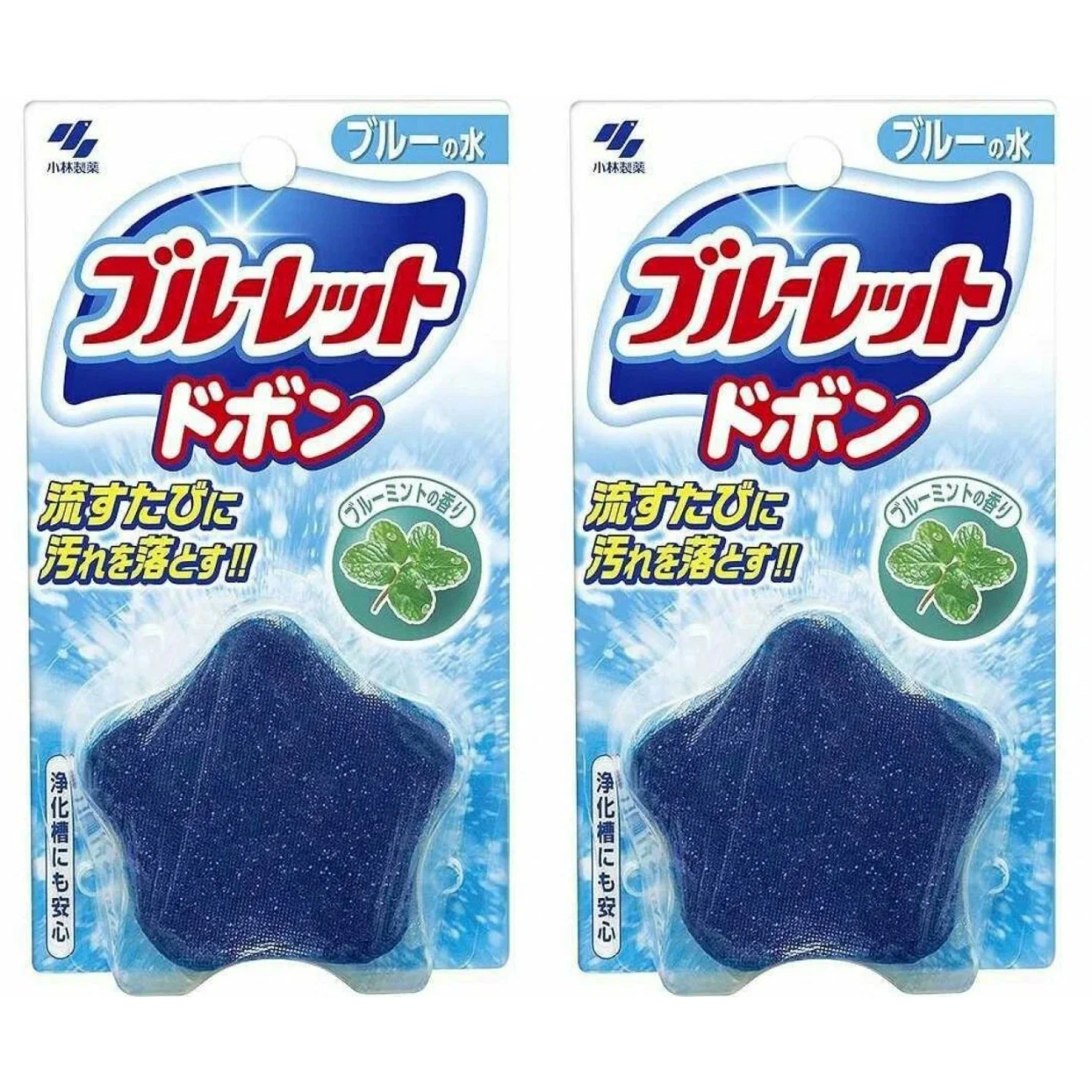 Таблетка Kobayashi Bluelet Dobon для бачка унитаза с эффектом окрашивания воды, Bluelet - мята, 60 г, 2шт
