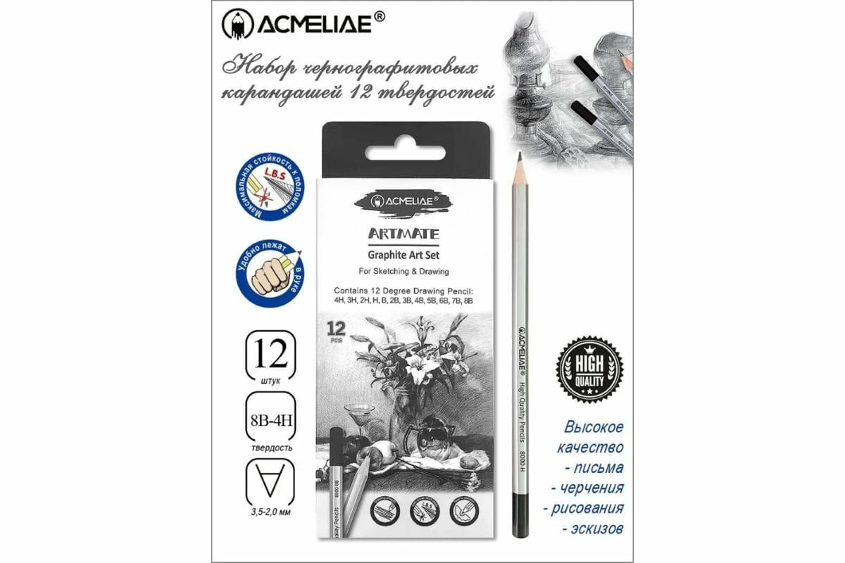 Набор чернографитных карандашей ACMELIAE ArtMate 12 твердостей от 4H до 8B