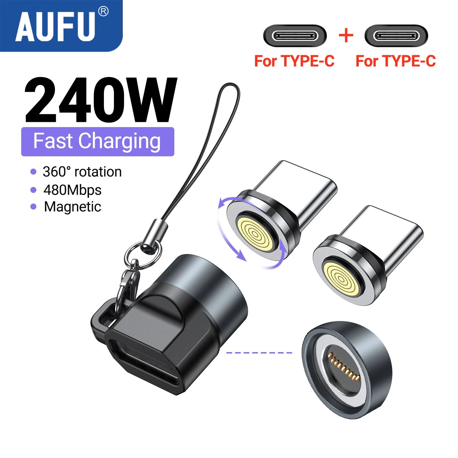 Магнитный адаптер AUFU 9Pin Type-C для iPhone, 240 Вт, 5 А, быстрая зарядка, 9pin Mini TC TC