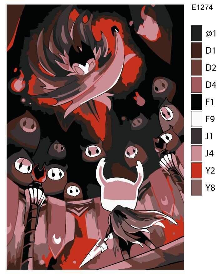 Детская картина по номерам E1274 "Игра(Hollow Knight). Рыцарь и Гримм" 20x30