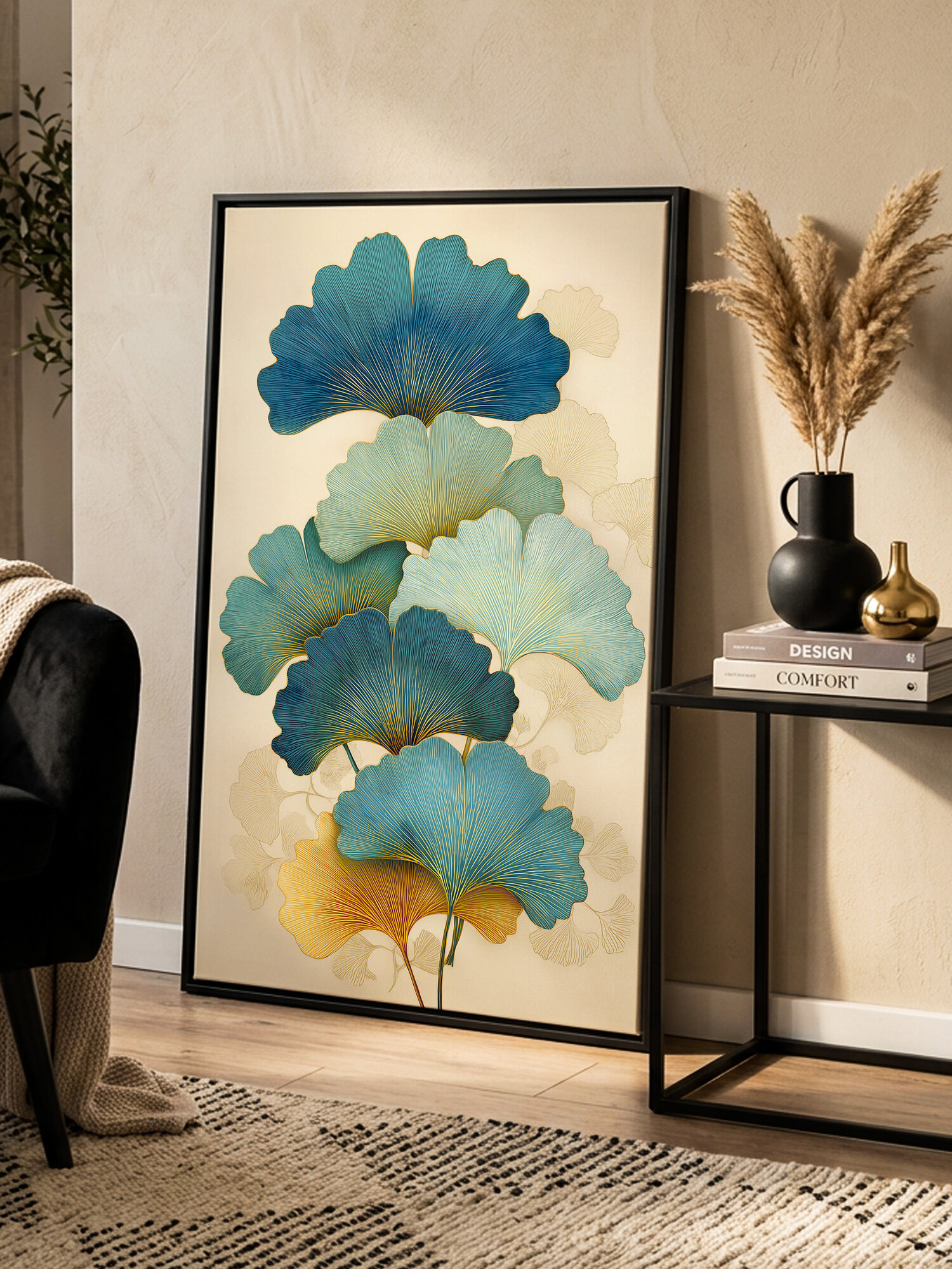Картина PosterMarket в тёмной раме "Листья гинкго" на холсте 70x110 см.