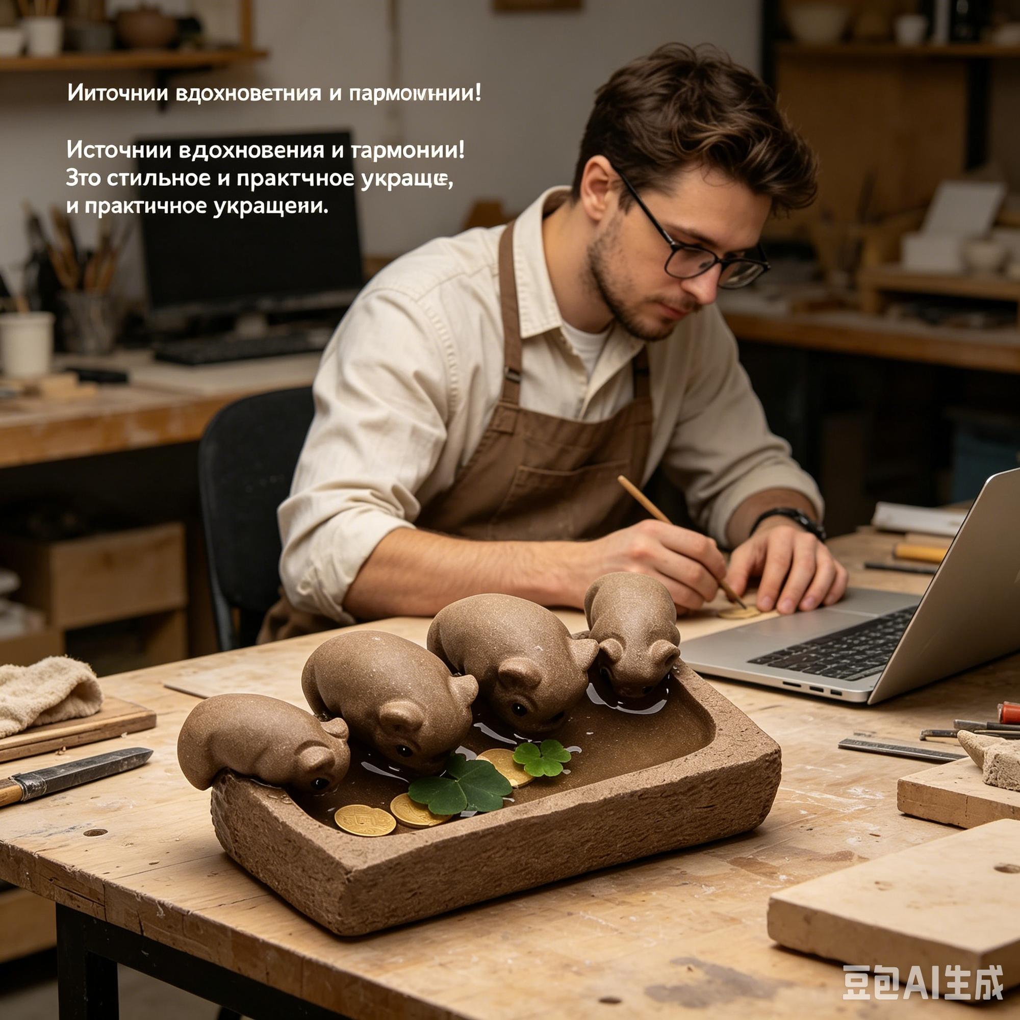 Статуэтка "Поросячья Питьевая Вода", керамика, коричневый, 12x6.5x4 см