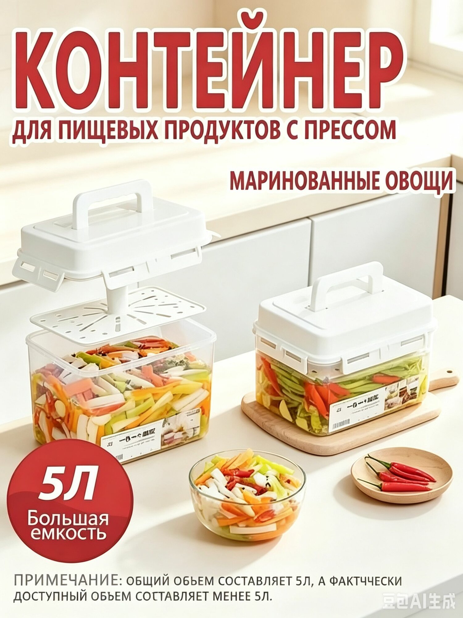 Кадка для засолки 5 л пластик bpa free, диаметр 24 см без BPA 5 литров пластик