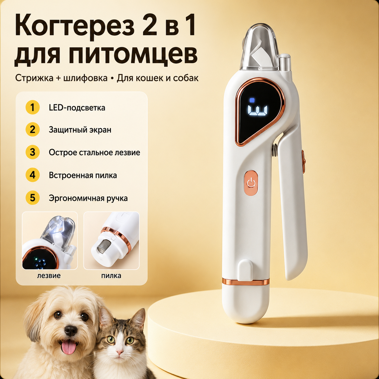 Когтерез-гриндер для собак и кошек 2 в 1 с LED-подсветкой и экраном, белый