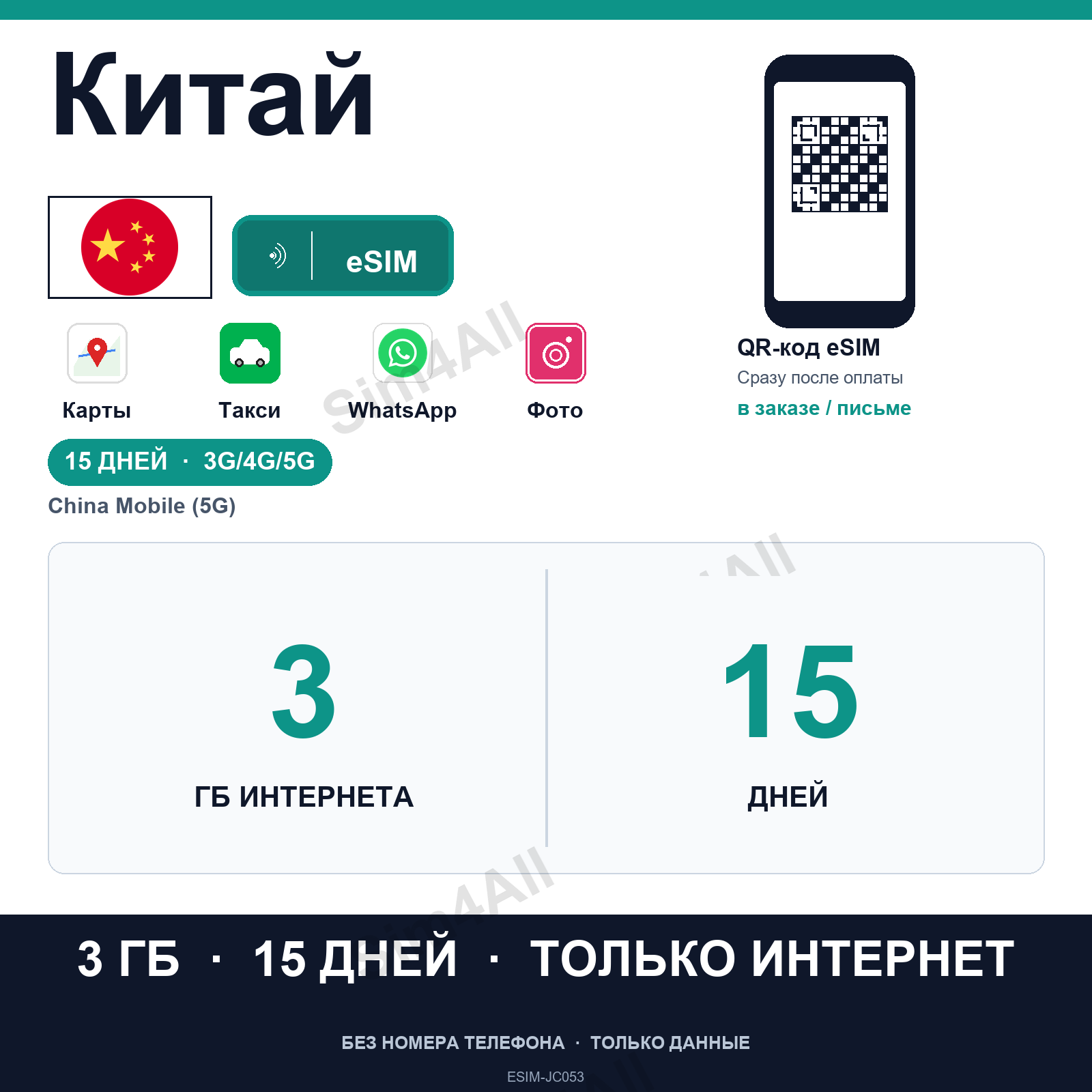 ESIM (есим) Китай 3 ГБ 15 дней — туристический интернет в поездке, QR-код, без роуминга