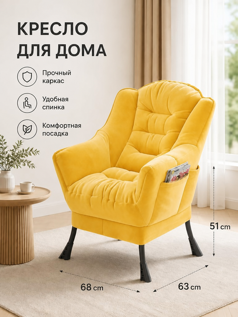 Яркое кресло-качалка нет, стационарное, из искусственной замши, жёлтый, металлический каркас, для дома