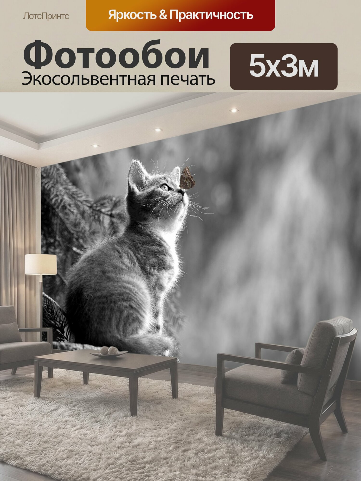 Фотообои "Кот, котенок, бабочка" 500x300 см. экосольвентная печать