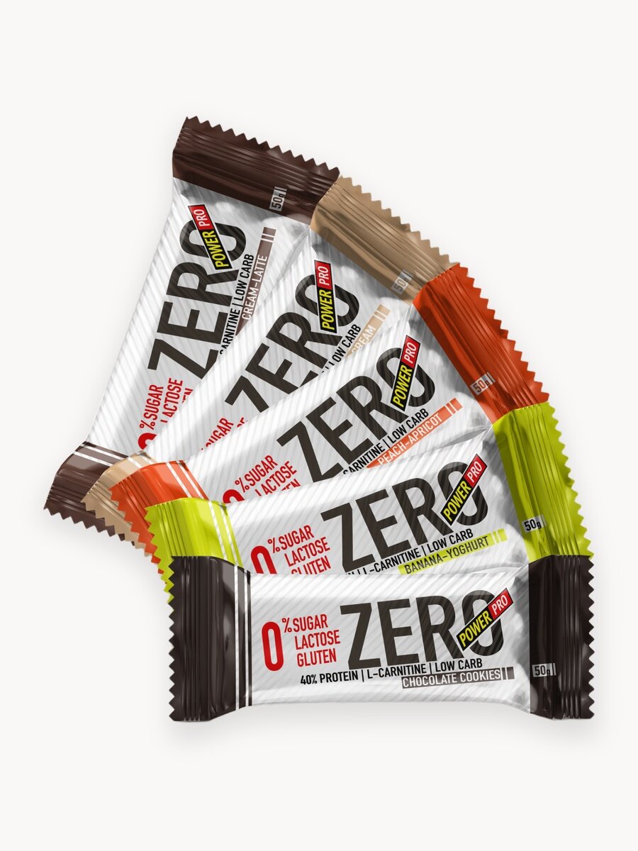 Протеиновые батончики POWER PRO "Zero" без сахара (ваниль, латте, банан, персик-абрикос, шоколадное печенье), 20 шт