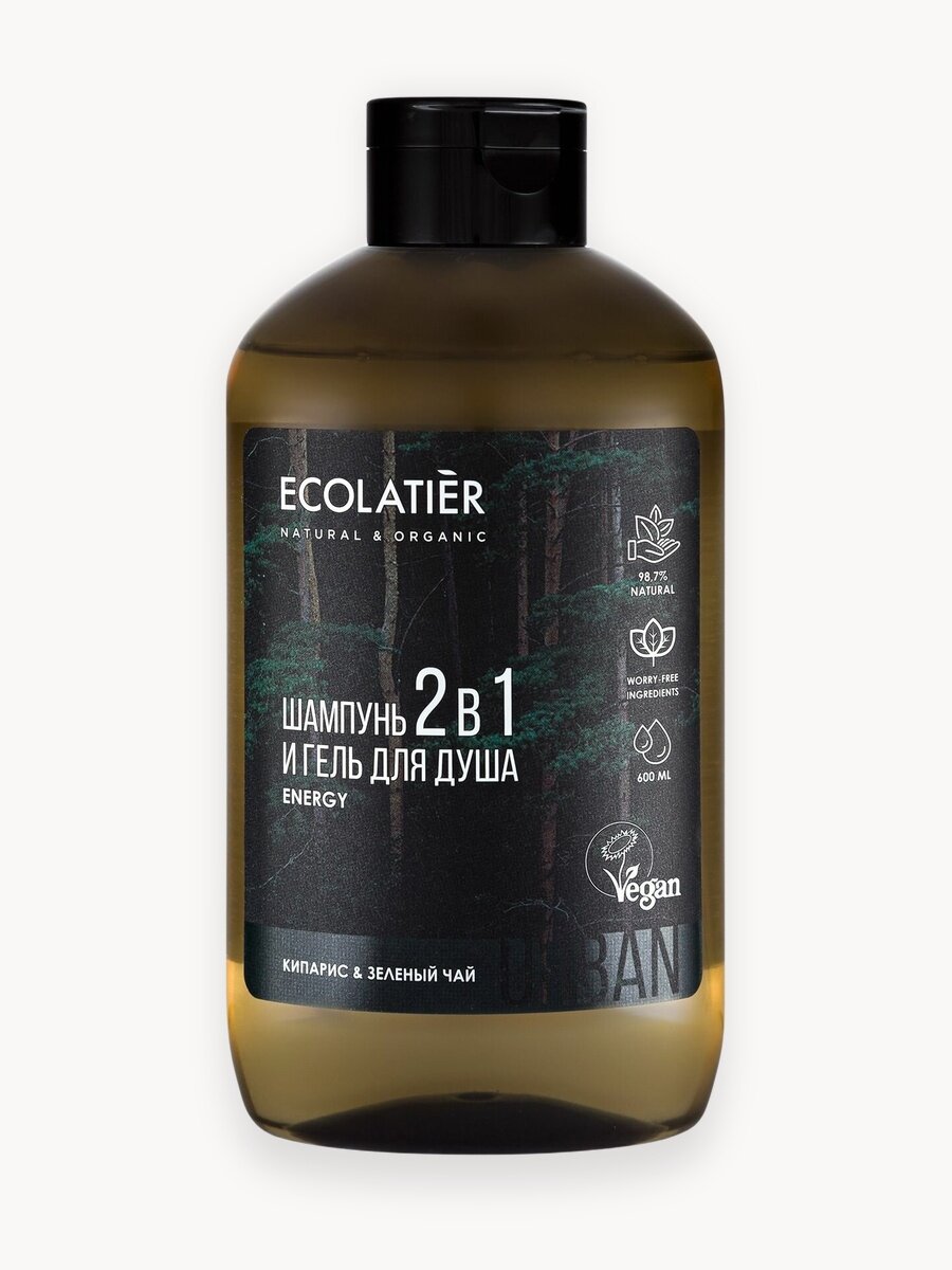 ECOLATIER Гель для душа и шампунь 2 в 1 Кипарис & Зеленый Чай мужской, 600 мл