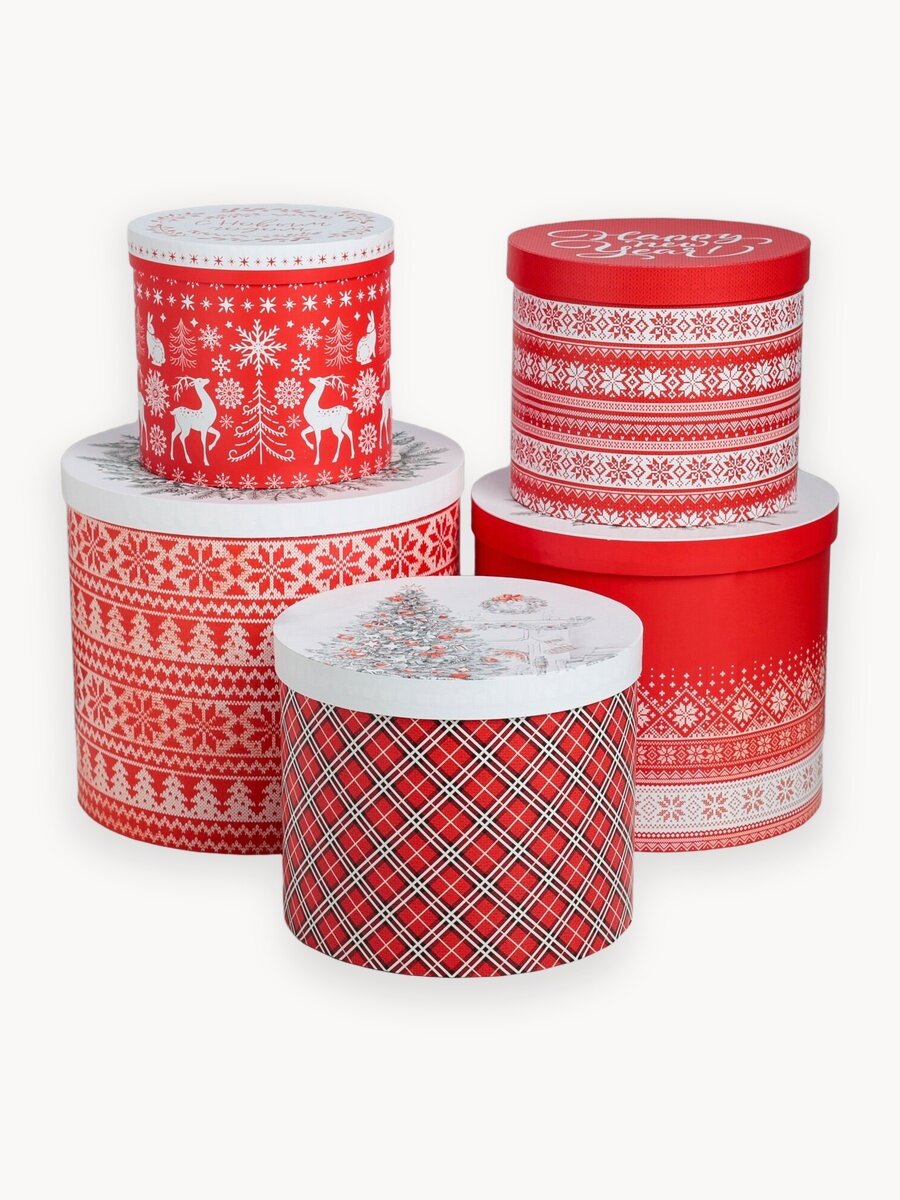 Набор подарочных коробок 5 в 1 «Скандинавские узоры», красный, для упаковки подарков на Новый год