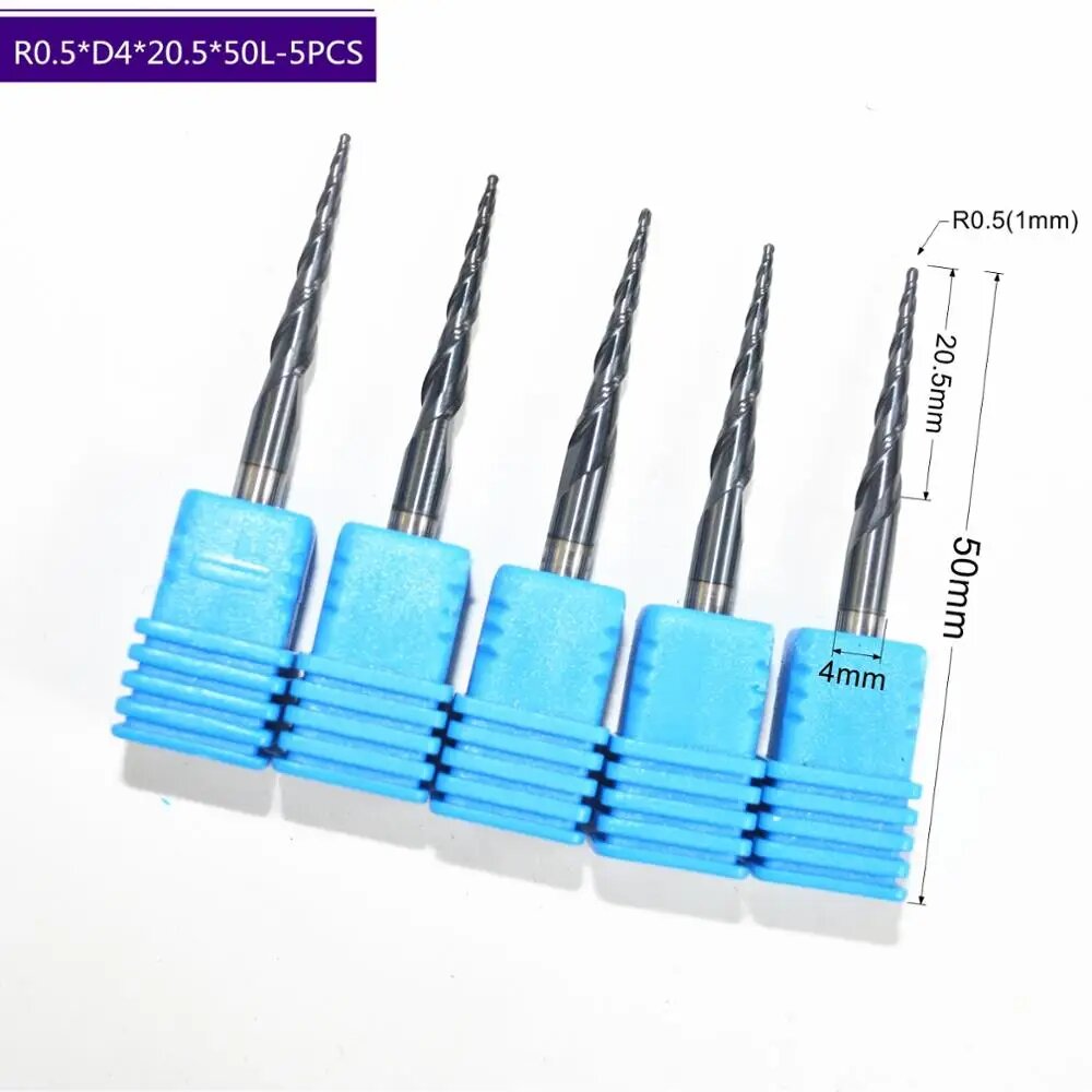 5 шт, R0,5*D4*20,5*50L, HRC55 твердый карбид вольфрама с покрытием TiALN, конические сферические концевые фрезы, конусные и конусные фрезы, дерево