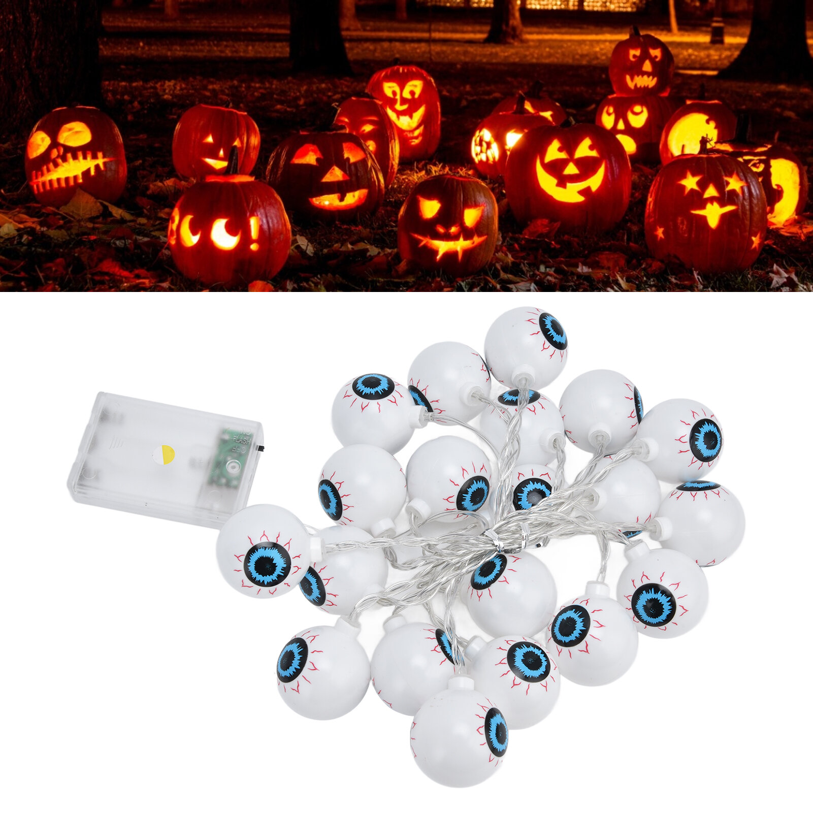 Гирлянда с 20 светодиодами 9.8 футов (3 метра) Гирлянда с привидениями-глазами для Хэллоуина Гирлянда для спальни и Рождества для праздничных украшений Свет теплый Материал пластик Батарейки 3xAA (не включены) Режимы мигание и постоянный свет Диаметр