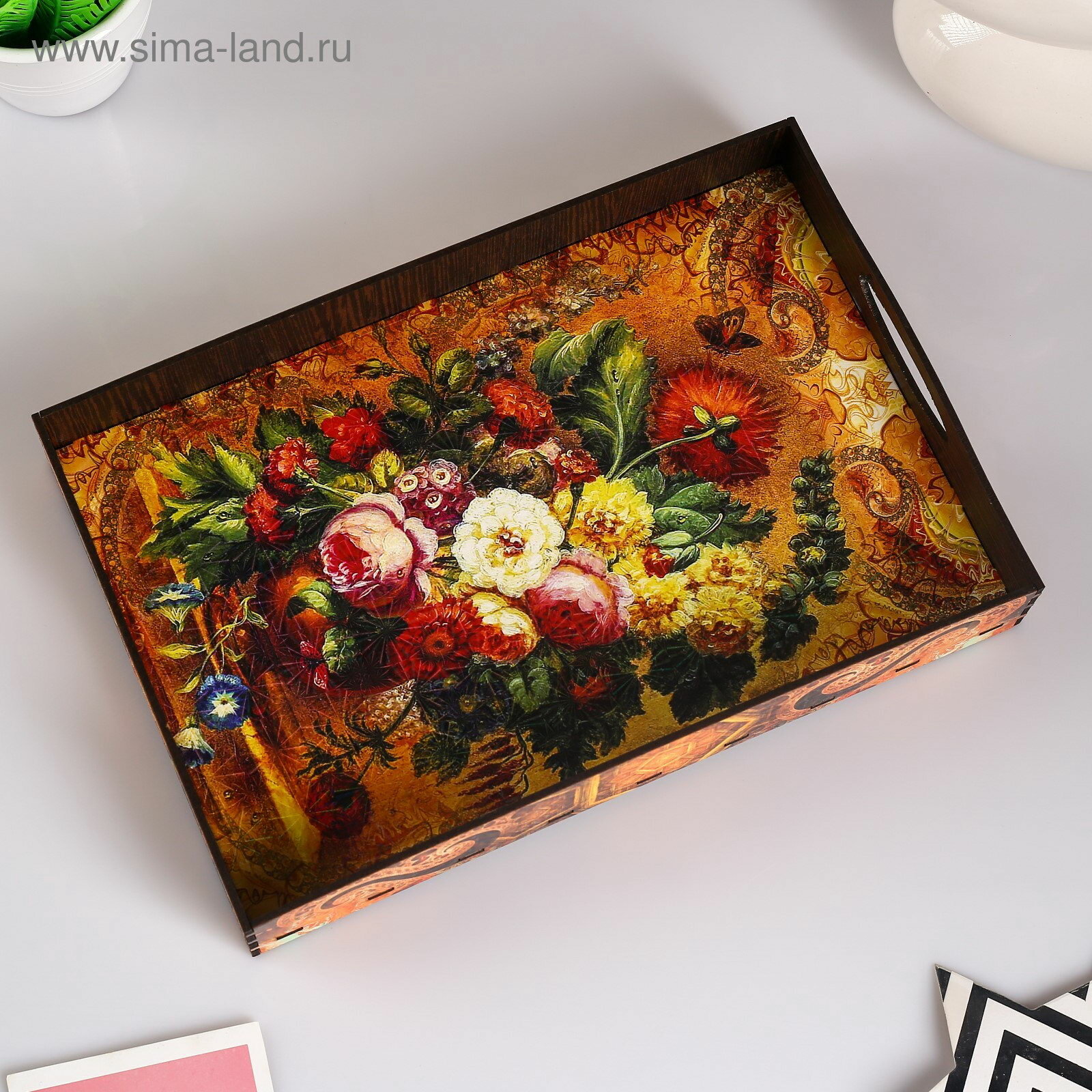 Поднос с ручками "Цветы", дерево, 30x20x4.5 см, разноцветный