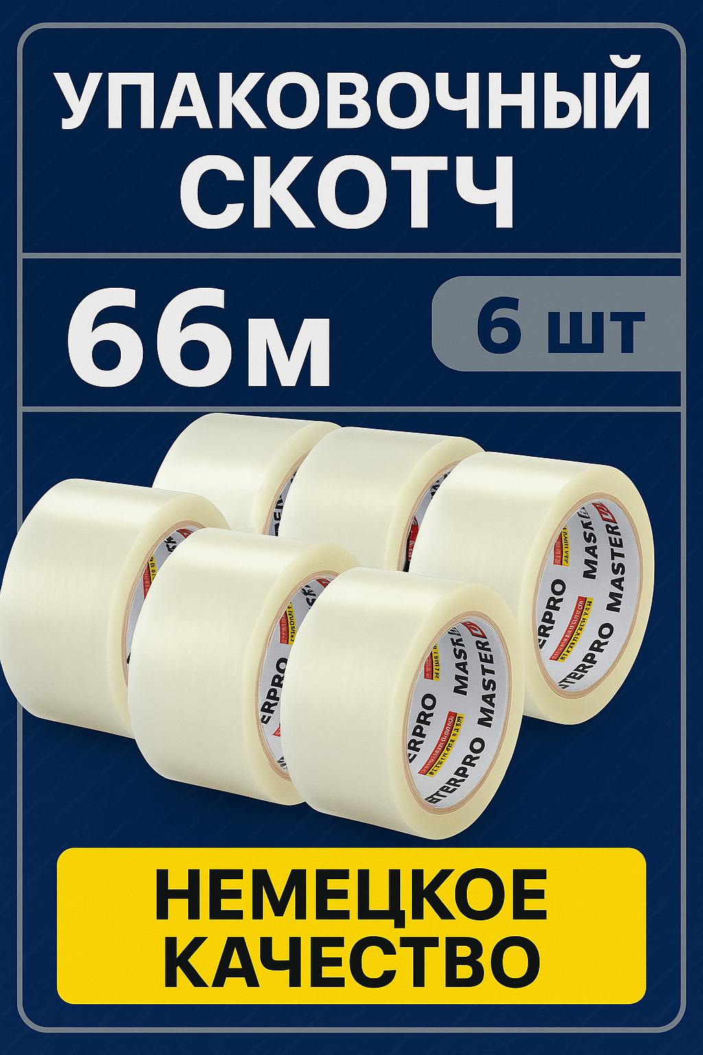 Скотч упаковочный MasterPro 50(мм)x66(м), 6 шт прозрачный, односторонний, длина 66 м, ширина 48 м
