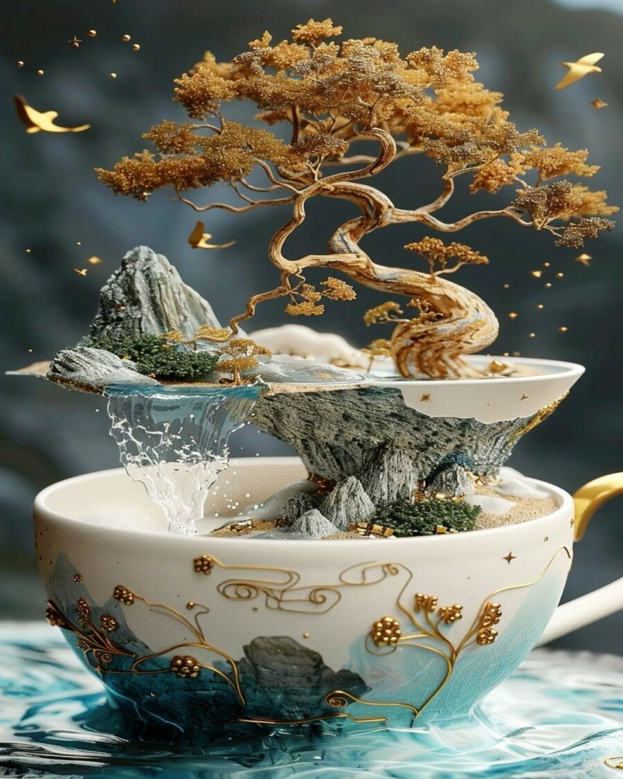 Алмазная мозаика на подрамнике 40x50 см. BoomBoomShop "Золотое дерево в чашке"