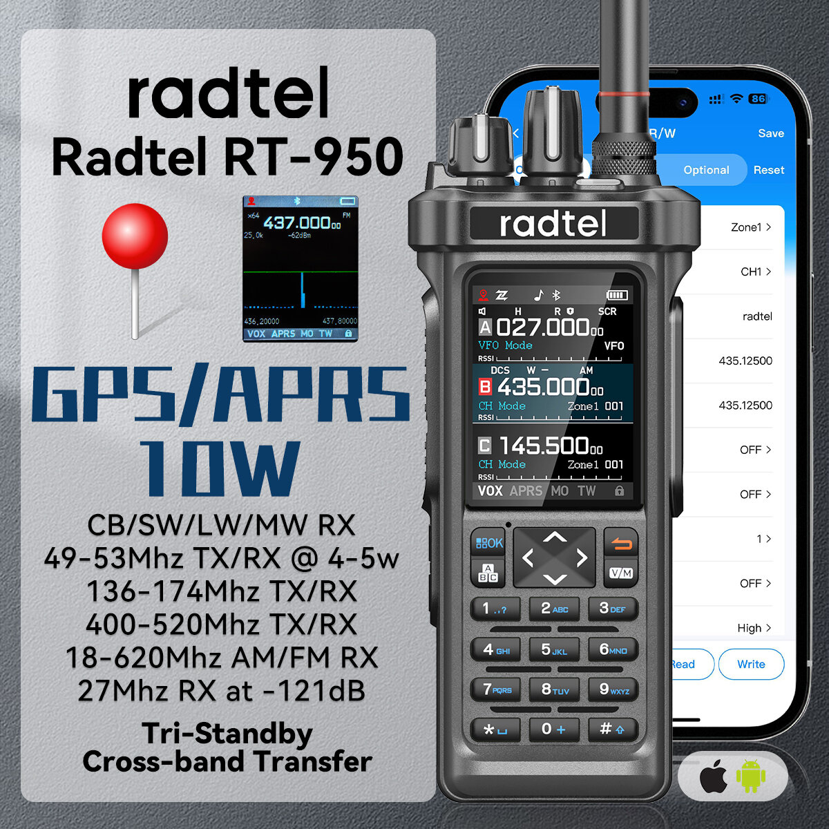 Радиостанция Radtel RT-950 PRO 10 Вт 27 МГц GPS APRS Bluetooth NOAA с программированием по телефону