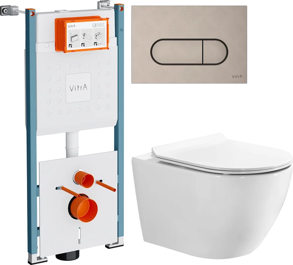 Комплект 3 в 1 Унитаз подвесной BOND Oval F12-10 / Инсталляция VitrA V-Fix Core 732-5800-01PV / Кнопка Root Round 740-2295 цвет никель
