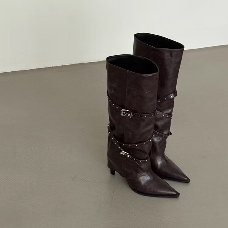 Женские ботинки с острым носком, осень-зима 2025, новые женские ботинки, ботинки Martin, высокие каблуки, длинные ботинки, мотоциклетные ботинки, рыцарские ботинки