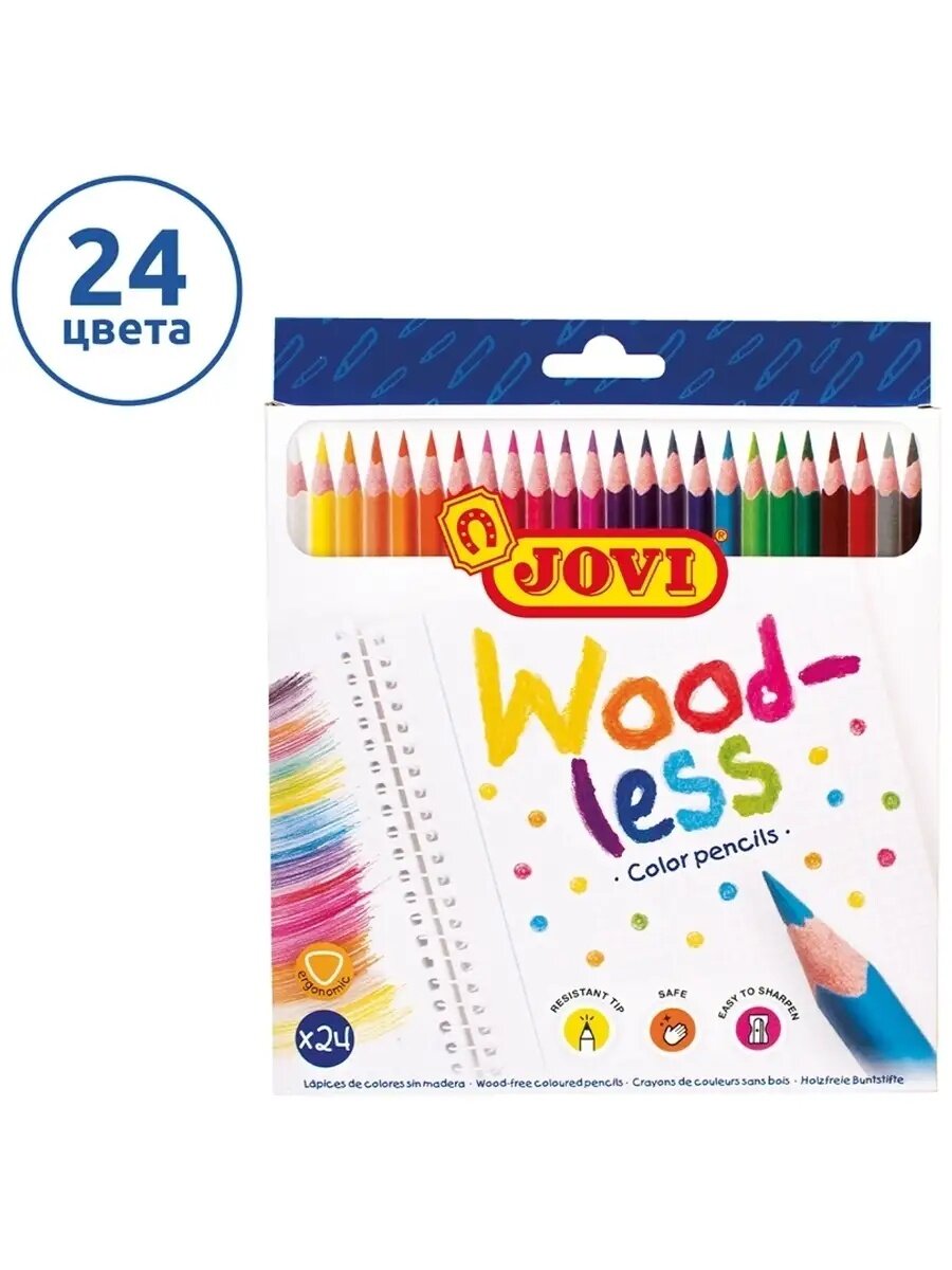 Набор цветных карандашей JOVI Wood-Less, 24 цвета, трехгранный корпус, картонная упаковка