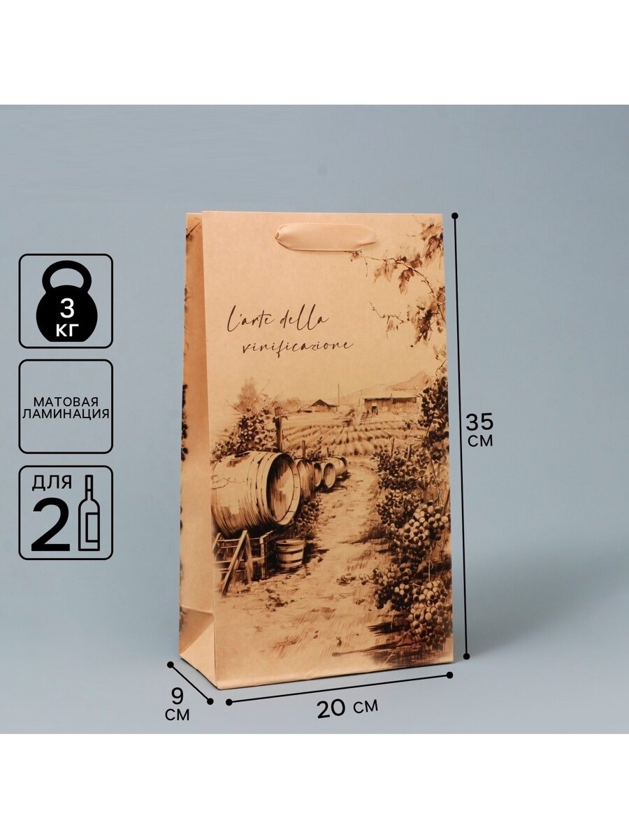 Пакет подарочный под две бутылки, упаковка, "Winery", 35 х 20 х 9 см