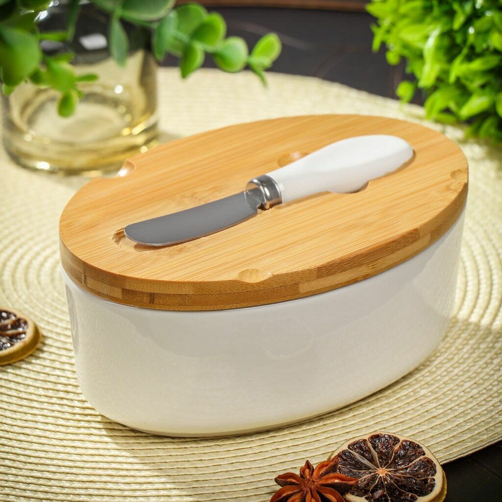 Масленка керамическая на бамбуковой подставке, белая, Y6-6470, Китай