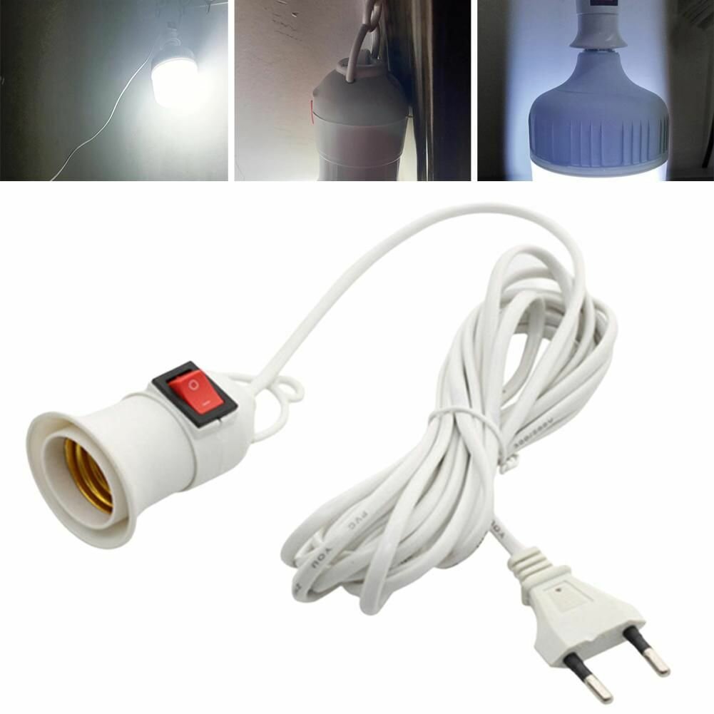 Патрон для лампы E27, подвесной, со шнуром 4м, вилкой и выключателем / удлинитель для рассады, белый